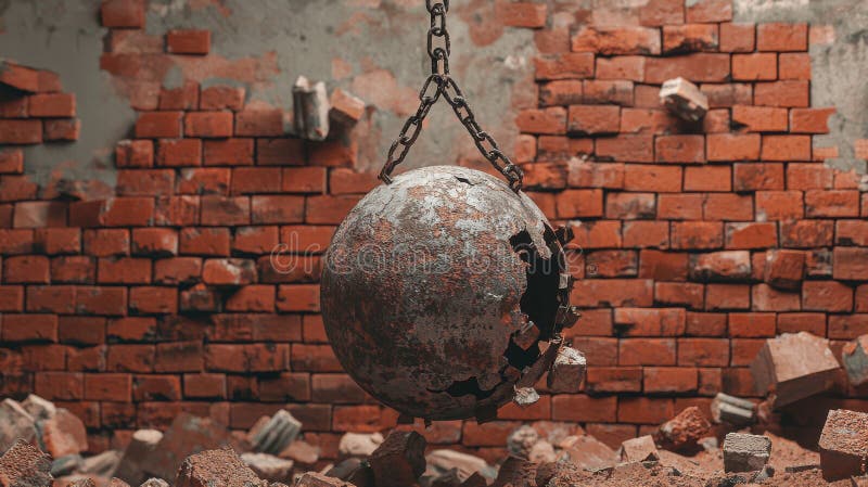 Shattering an Old Brick Wall with Metallic Rusty Wrecking Ball on Chain ...
