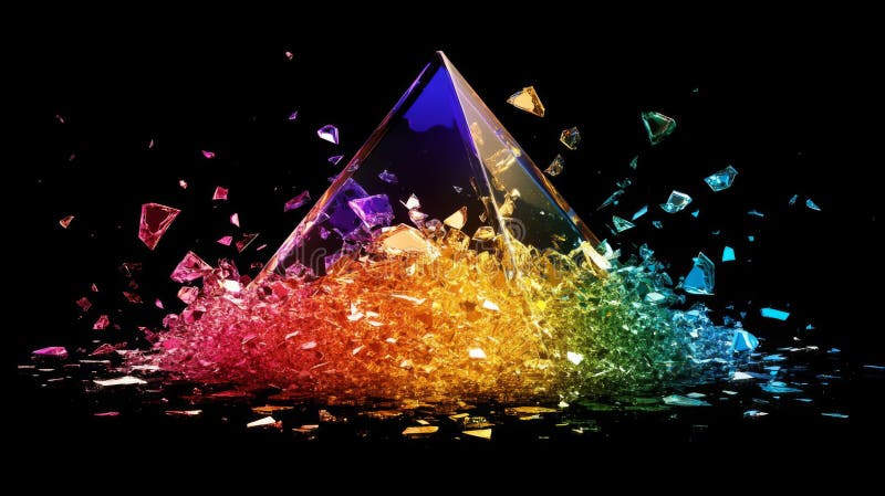 Shattering Rainbow Prism Pyramid on Black Background Stock Illustration ...