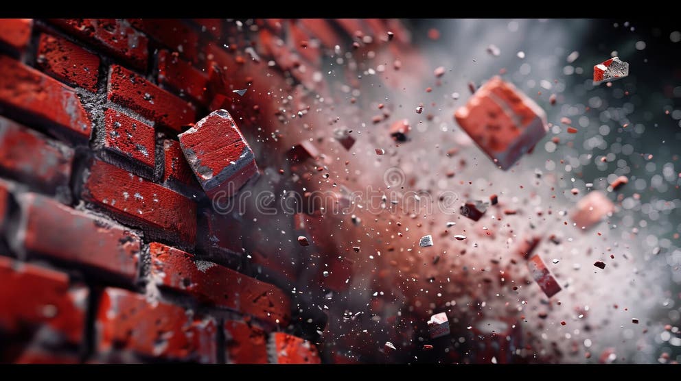 Shattering Red Brick Wall in Dynamic Explosion - Symbolic Image of ...
