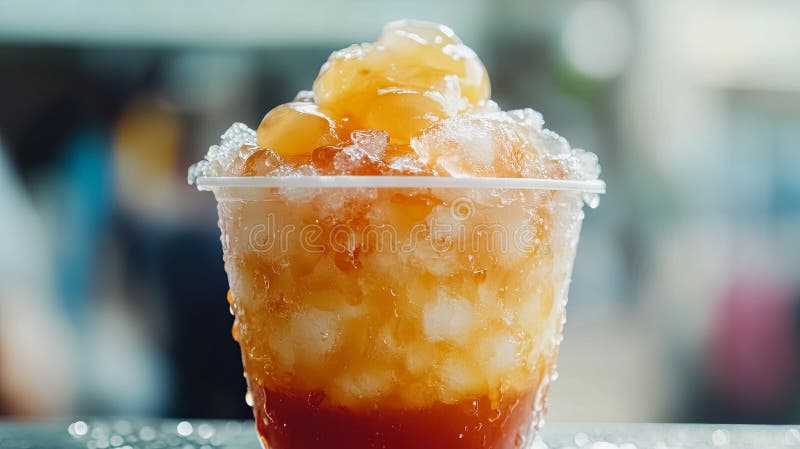 Shaved Ice Topped with Syrup Pooling in a Plastic Cup . Stock Image ...