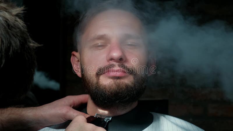 Shaving Process of Beards in Barbershop. Steam Shave Stock Footage ...