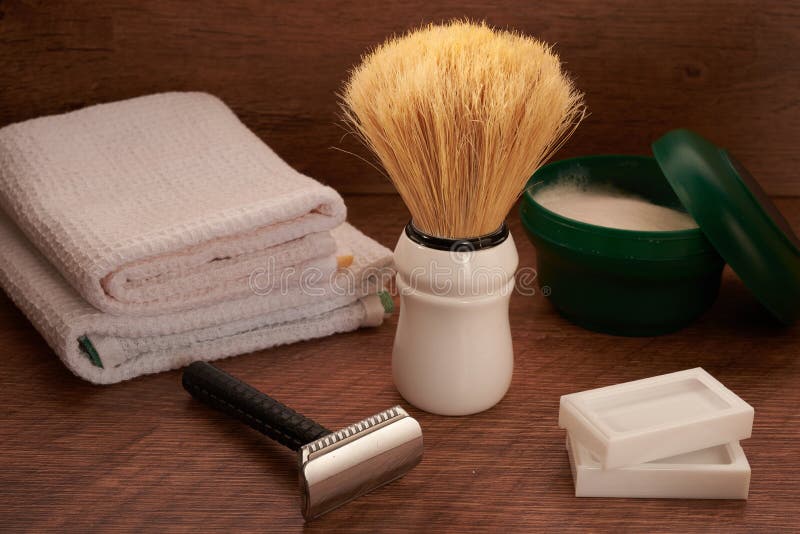 Shaving Tools on a Wooden Surface Stock Photo - Image of salon ...