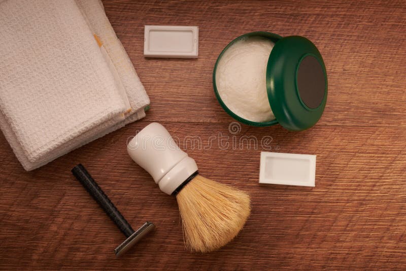 Shaving Tools on a Wooden Surface Stock Photo - Image of bristles ...