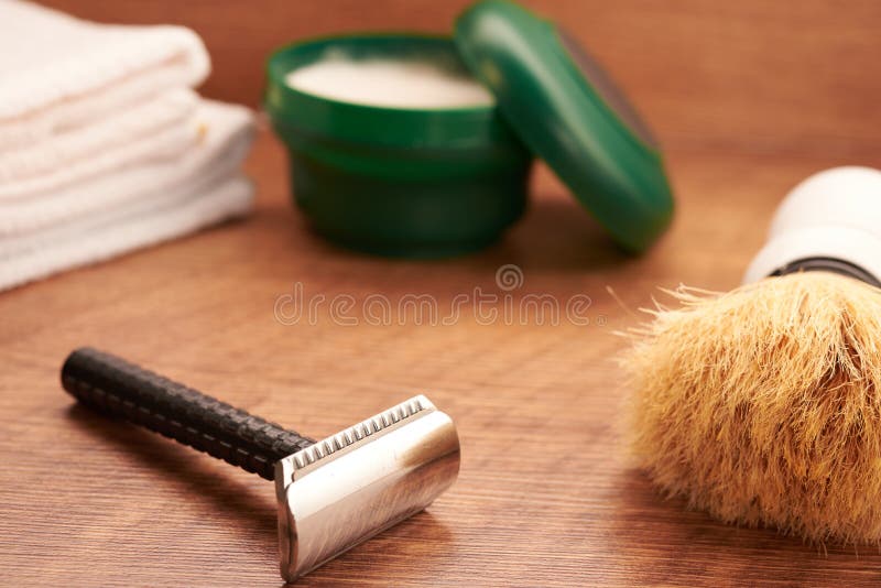 Shaving Tools on a Wooden Surface Stock Image - Image of clean, design ...
