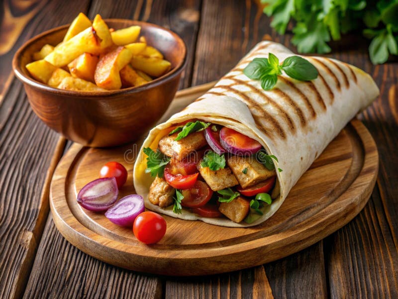 Shawarma with Fried Potatoes in Board Cookware Stock Illustration ...
