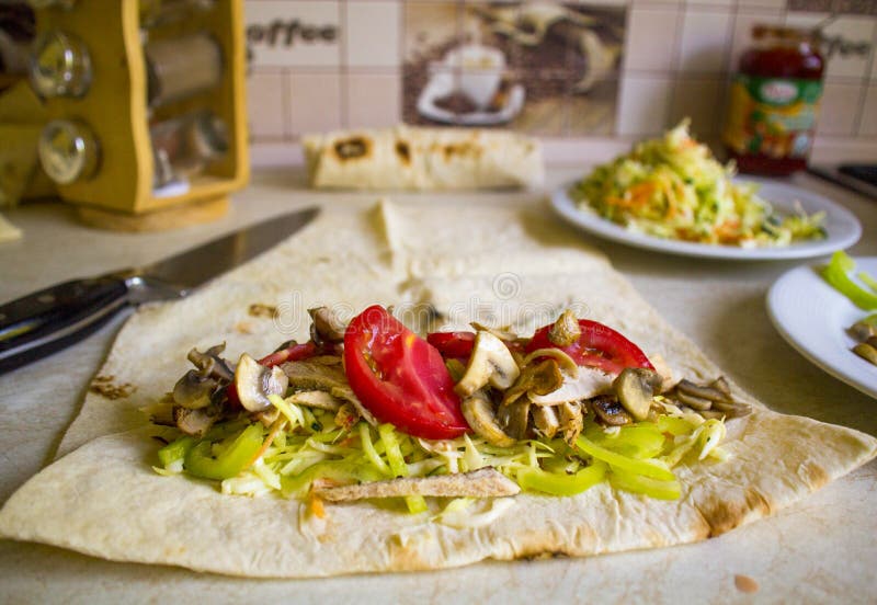 Shawarma at home stock photo. Image of process, kebab - 213476788