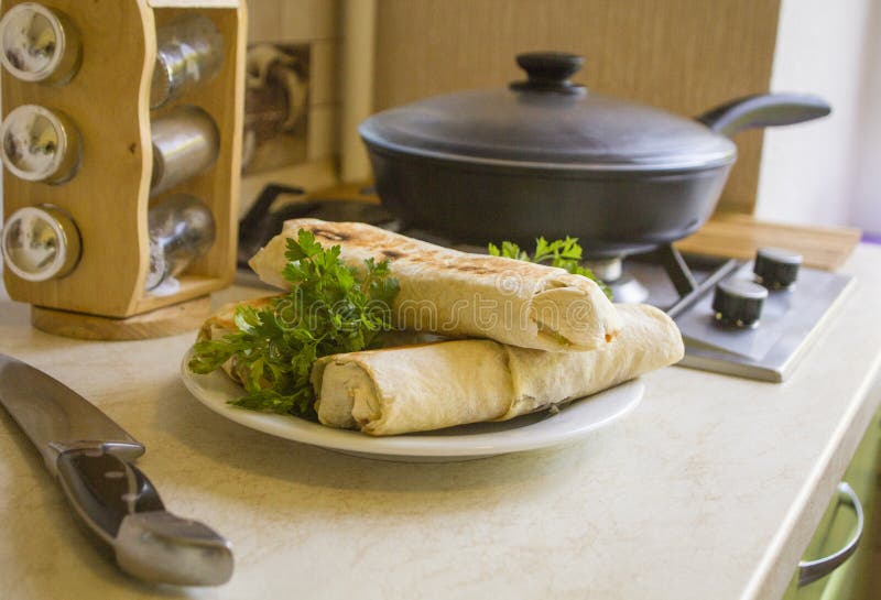 Shawarma at home stock photo. Image of sauce, lebanese - 213475444