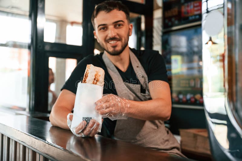 Shawarma Man is Indoors, Conception of Street Food Stock Image - Image ...