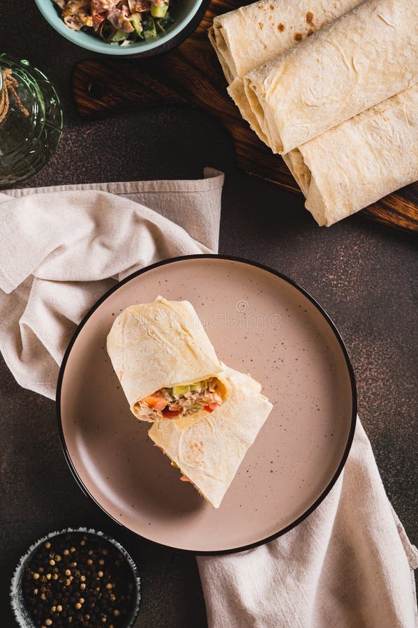 Shawarma Pita Bread Meat Vegetables Plate Table Top Vertical View Stock ...