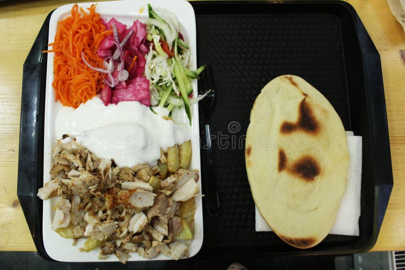 Shawarma on a Plate with a Flatbread View from Above. Pieces of Meat ...