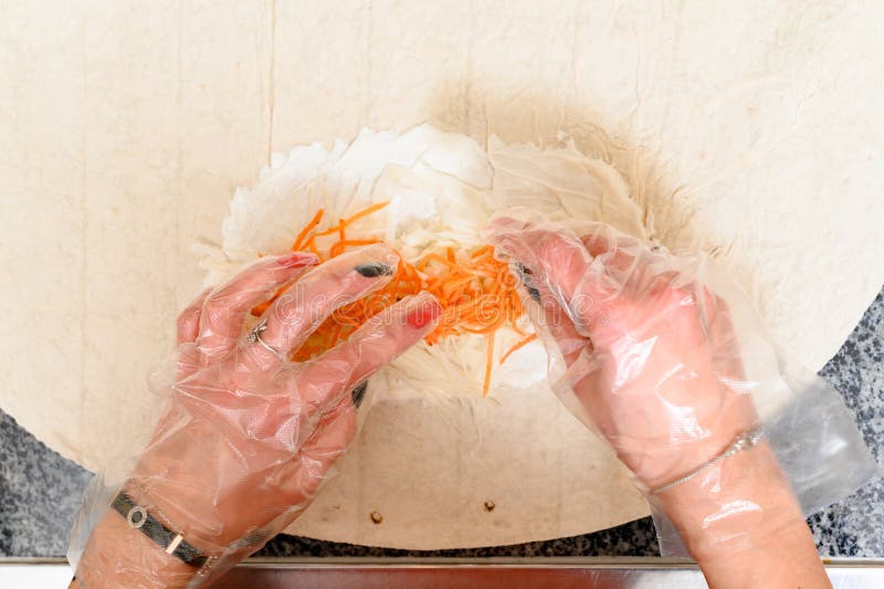 Shawarma Preparation in a Fast Food Restaurant, Vegetable and Meat ...