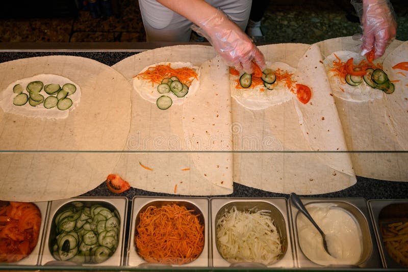 Shawarma Preparation in a Fast Food Restaurant, Vegetable and Meat ...