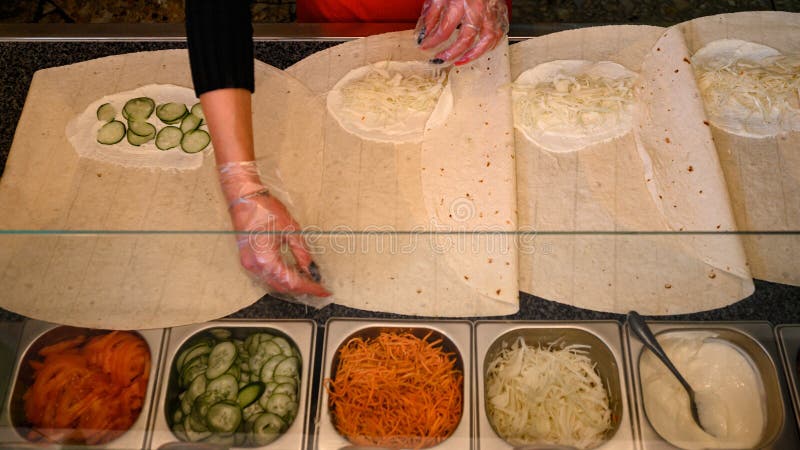 Shawarma Preparation in a Fast Food Restaurant, Vegetable and Meat ...