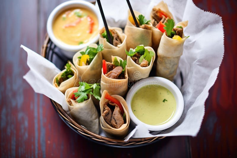 Shawarma Rolls in Paper Wraps in a Basket with Dipping Sauces Stock ...