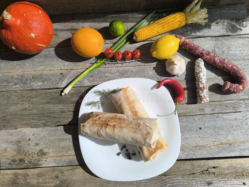 Shawarma on a White Plate Top View. Stock Photo - Image of roasted ...