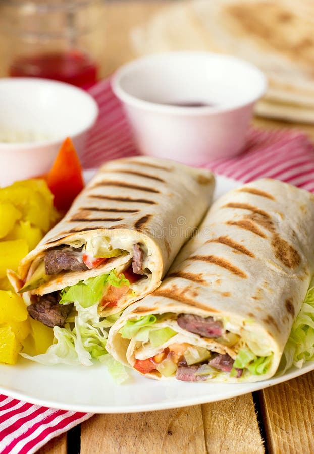 Shawarma Wrap with Beef and Vegetables Stock Photo - Image of ketchup ...