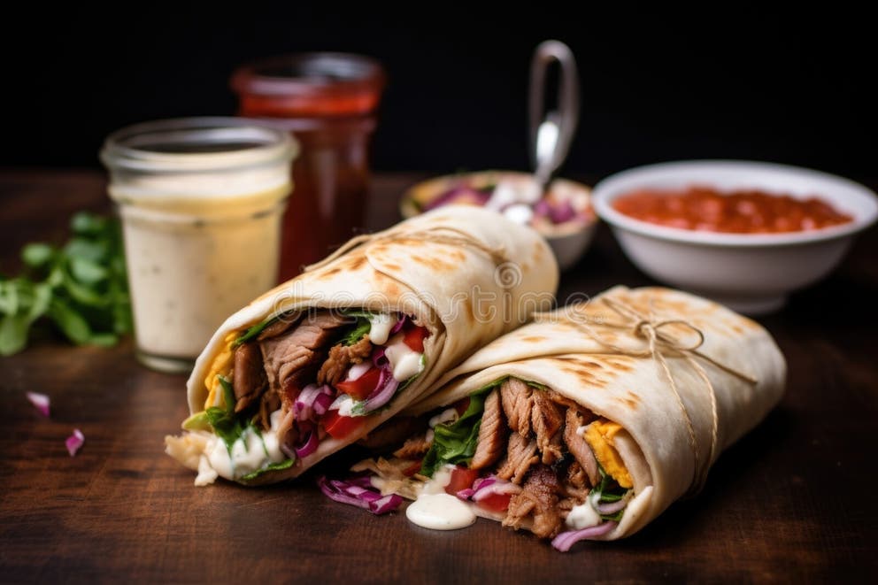Shawarma Wrap with Dripping Sauce on a Polished Table Stock ...