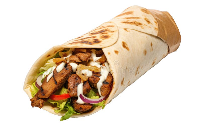Shawarma Wrap Filled with Grilled Meat and Fresh Vegetables on White ...