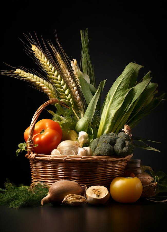 Sheaf of Wheat and Basket of Vegetables Stock Illustration ...