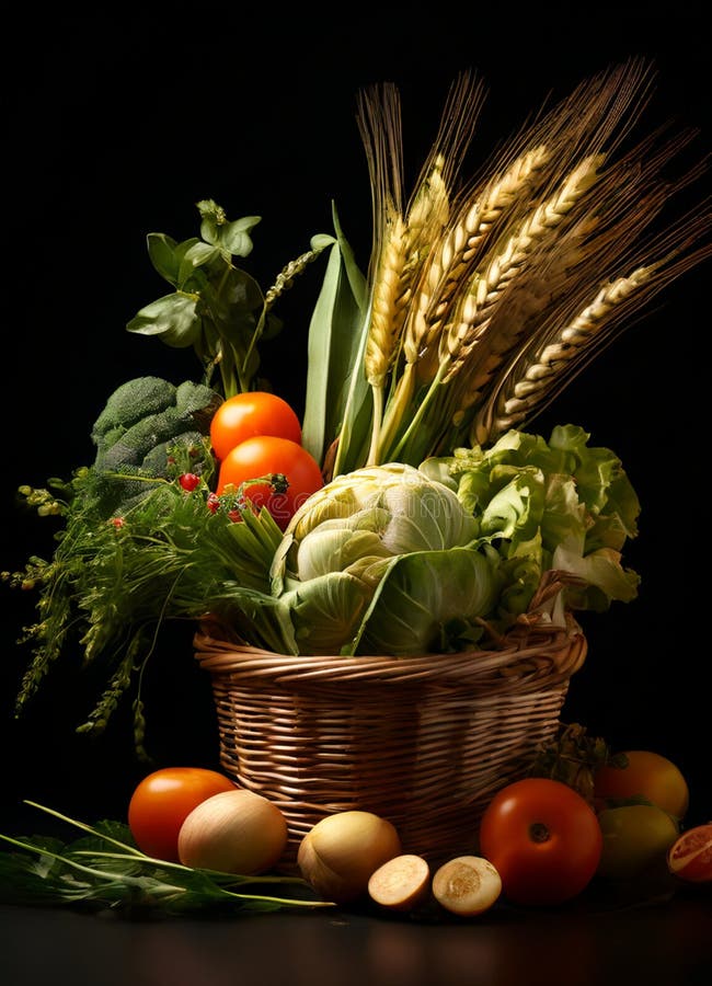 Sheaf of Wheat and Basket of Vegetables Stock Illustration ...