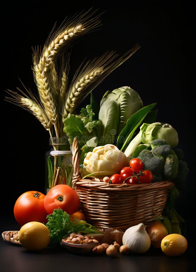 Sheaf of Wheat and Basket of Vegetables Stock Illustration ...