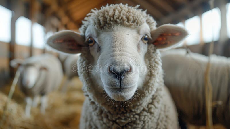 Sheared Sheep in Barn Standing, Chewing Grass, Making Direct Eye ...