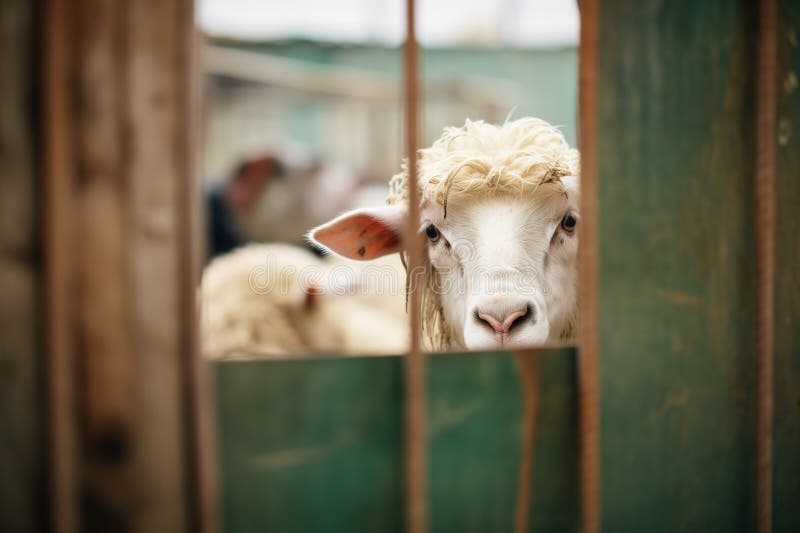 Sheared Sheep Looking Out from a Pen Stock Illustration - Illustration ...