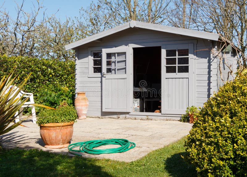 Shed with Terrace and Garden Furniture Stock Photo - Image of plant ...