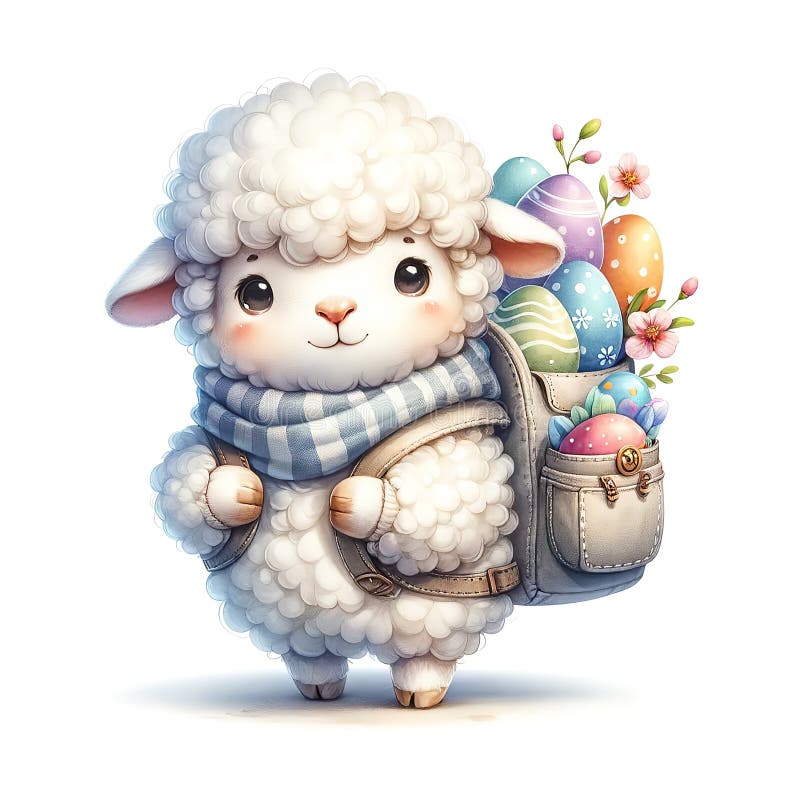 Sheep with a Backpack and Easter Eggs. Watercolor Illustrations on a ...