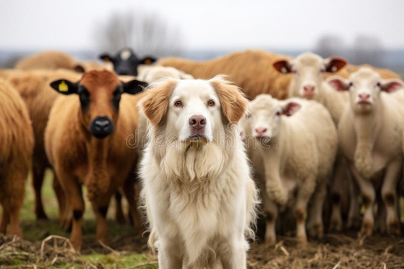 Sheep Blending in with Cows, Dog Confused in Foreground Stock Image ...