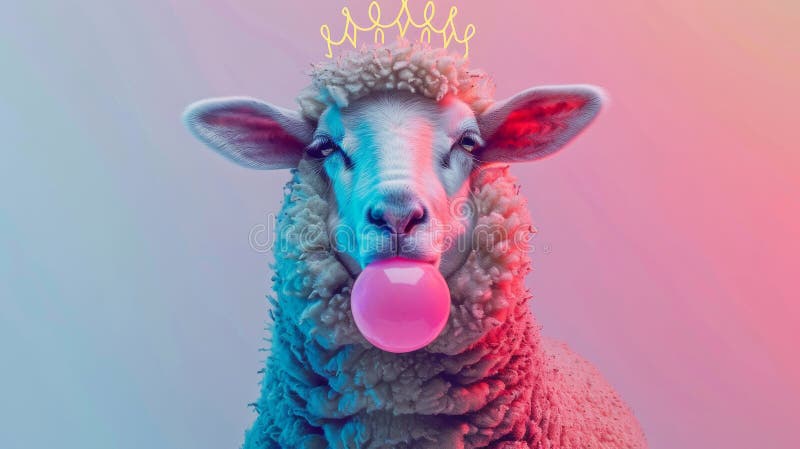 Sheep Blowing Bubble Gum with Neon Crown in Colorful Lighting Stock ...