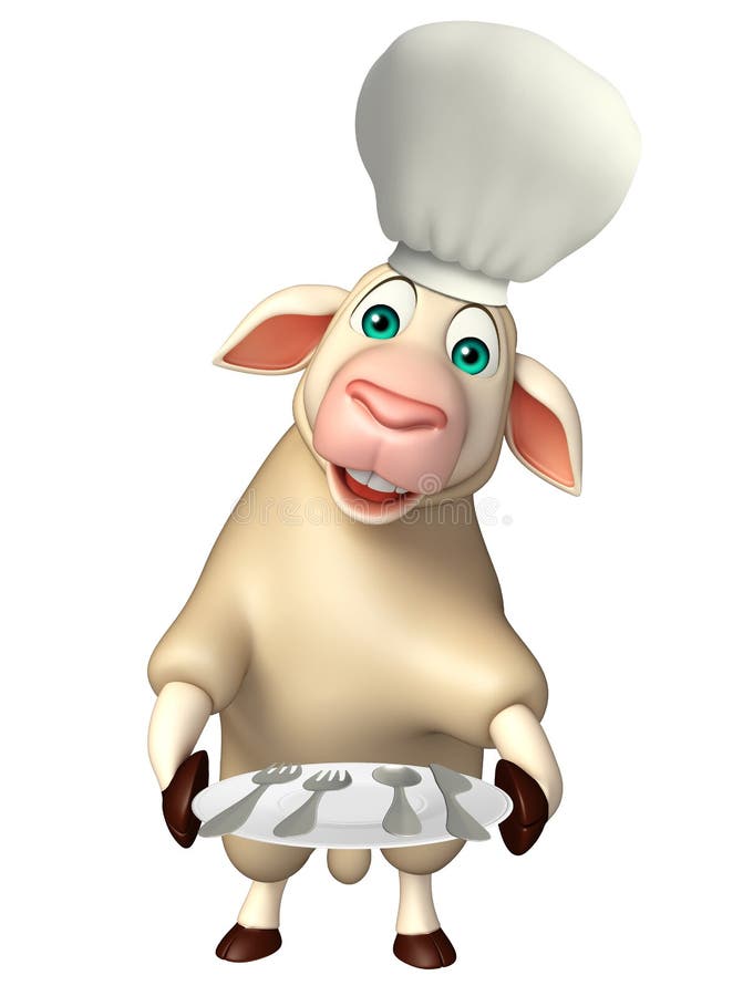 Sheep Cartoon Character with Chef Hat and Dinner Plate Stock ...