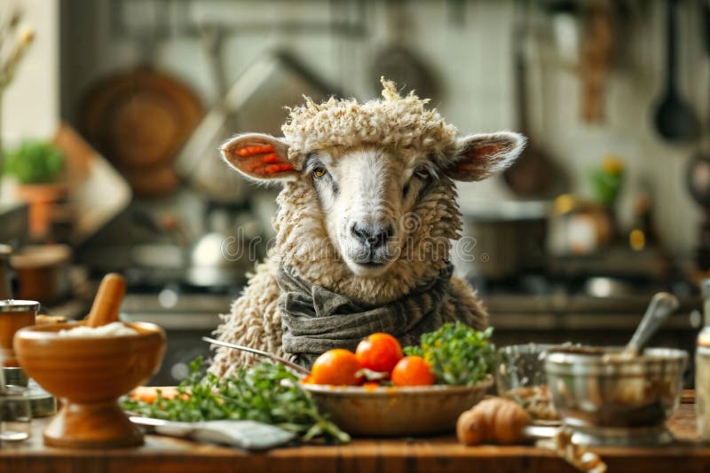 Sheep in Chef S Attire in Kitchen Stock Illustration - Illustration of ...