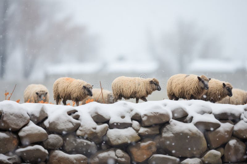 Sheep Cluster by Stone Wall during Snowfall Stock Photo - Image of ...