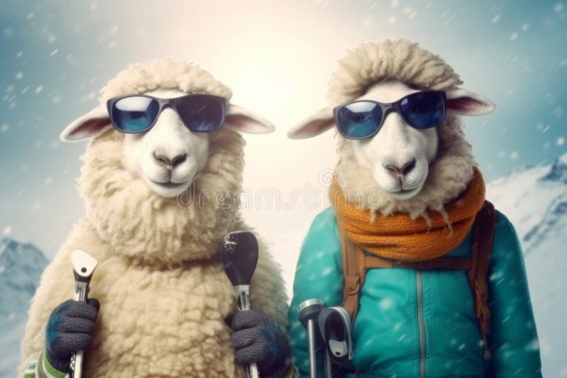 Sheep Couple Posing with Ski Equipment Stock Illustration ...