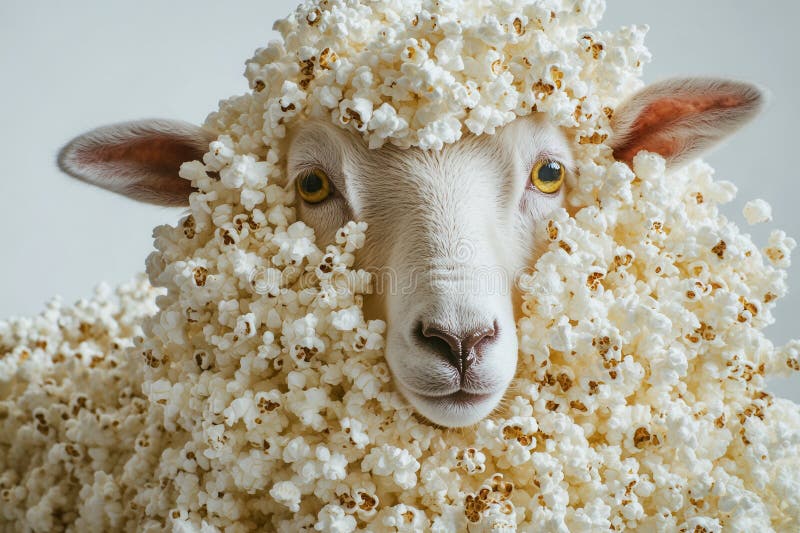 Sheep Covered in Popcorn, Surreal Portrait of a Farm Animal Stock Photo ...