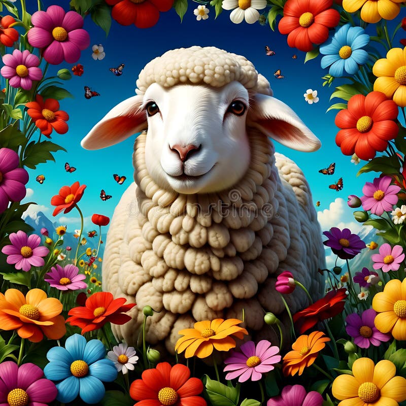 Sheep in a Field of Flowers. Stock Illustration - Illustration of ...