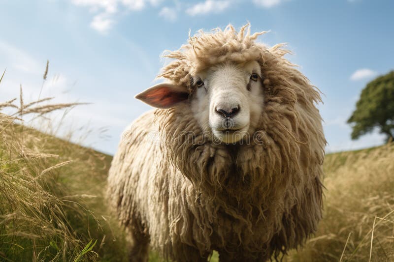 Sheep in the Field. Portrait of Sheep Standing on Grassy Landscape ...