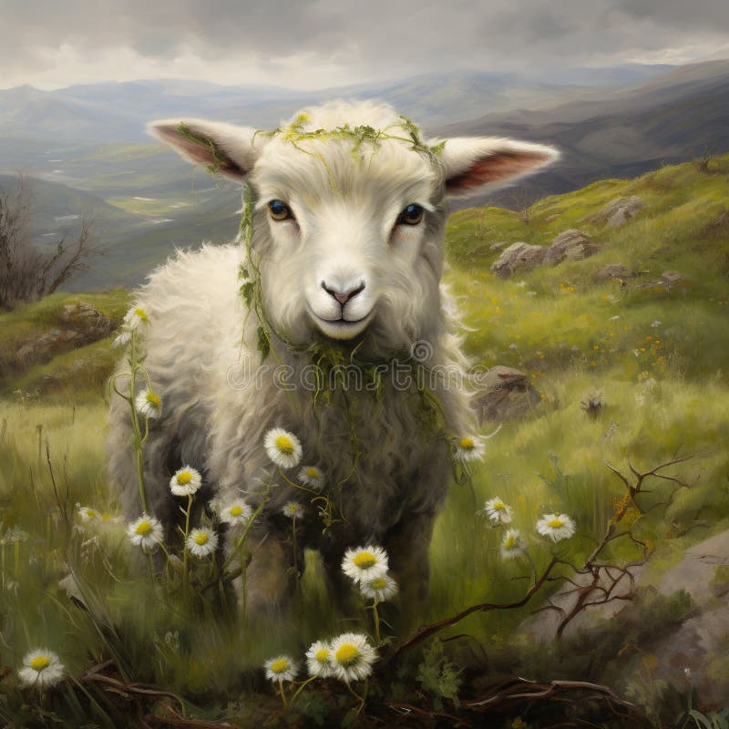 Sheep in the Field. Portrait of Sheep Standing on Grassy Landscape ...