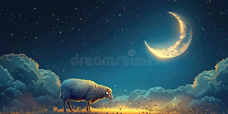 Sheep in a Field Under a Crescent Moon Stock Image - Image of evening ...