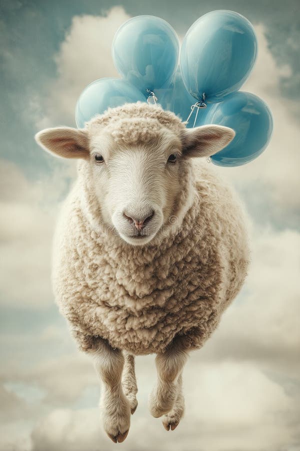 A Sheep Floating in the Sky with Blue Balloons Attached To Its Back Ai ...