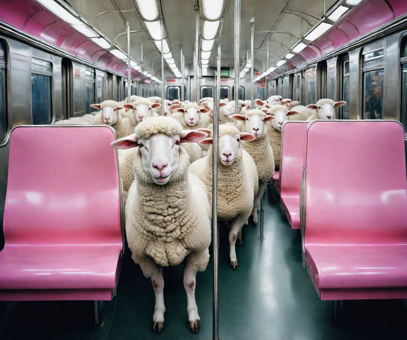 Sheep Flock in an Underground Subway Train Wagon with Pink Chairs Stock ...