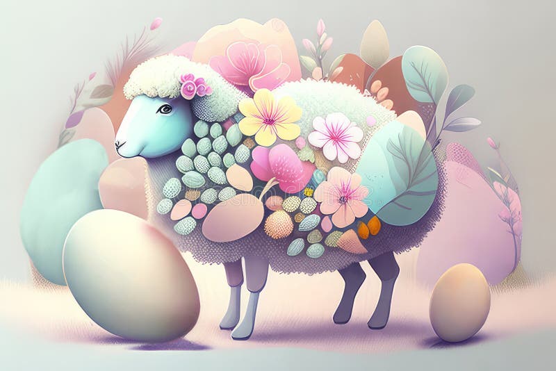 A Sheep with a Flower Crown Stands in Front of Easter Eggs Stock ...