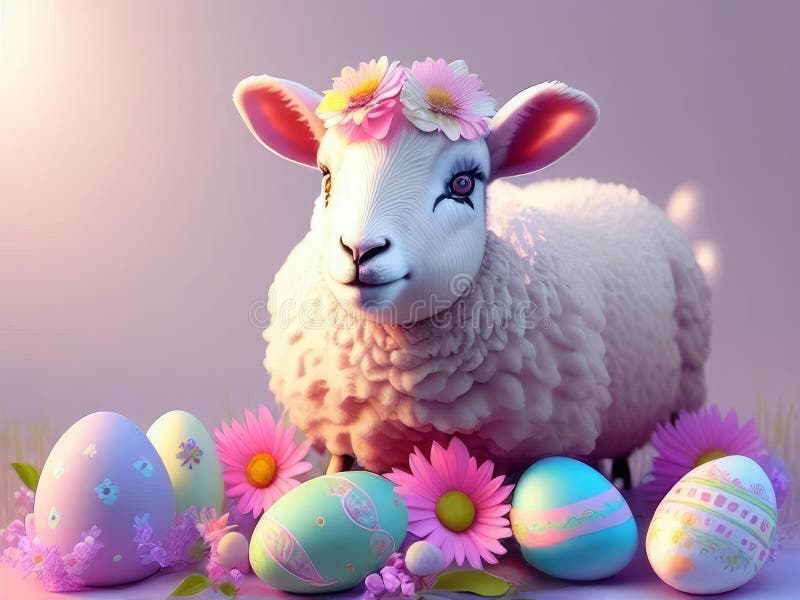 A Sheep with a Flower Crown Stands in Front of Easter Eggs Stock ...