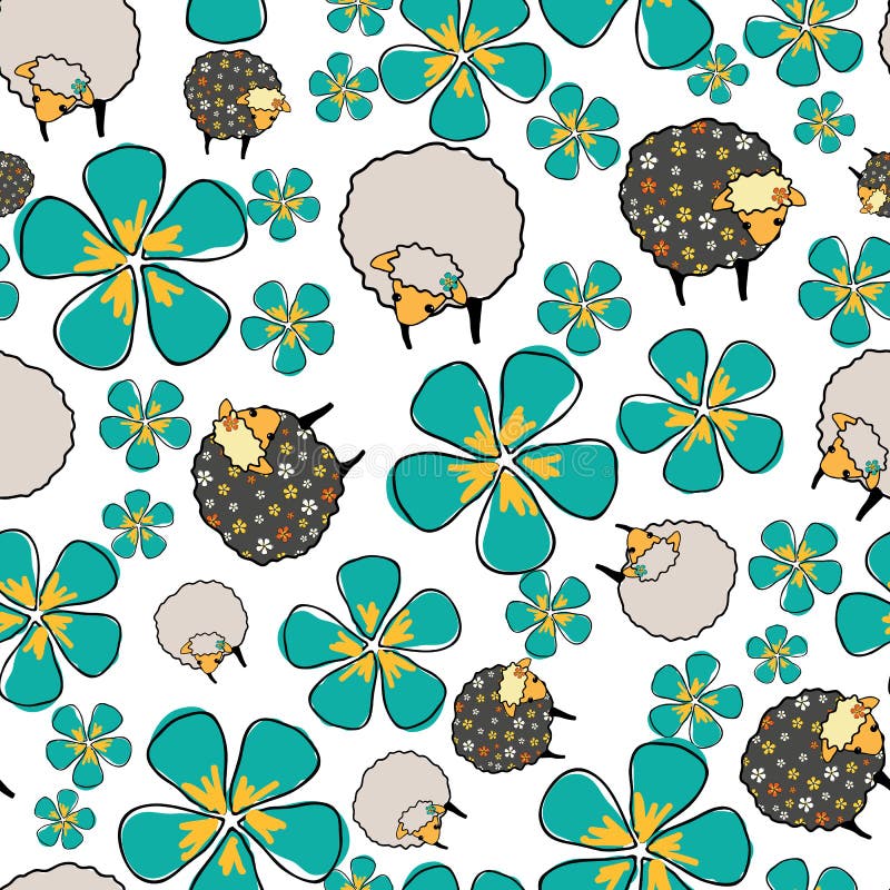 Sheep in Flowers Dark Sheep on White Background, Seamless Vector ...
