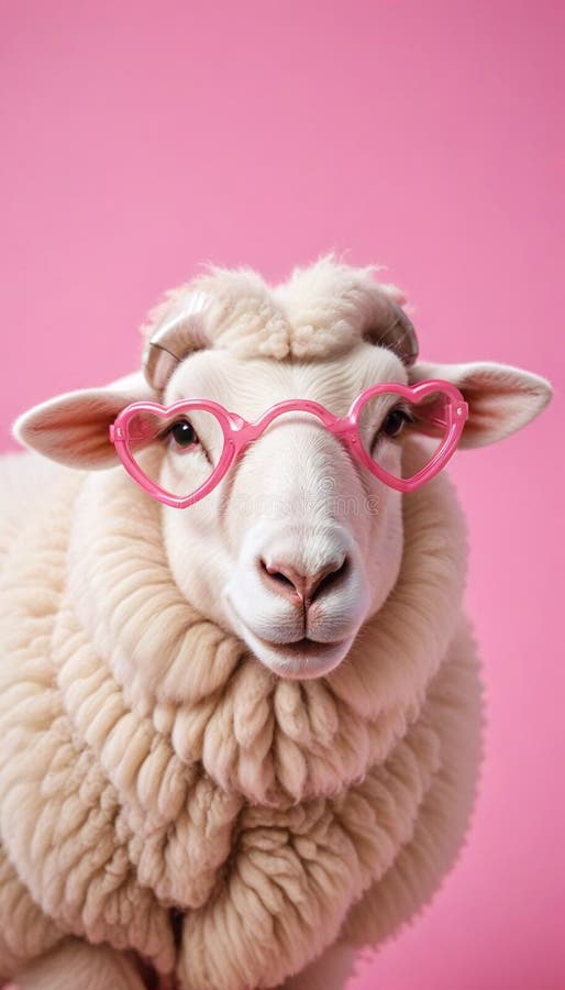 A Sheep with Fluffy, Cream-colored Wool Stands Against a Solid Pink Background. the Sheep Wears ...