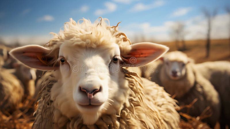 A Sheep with Fluffy Wool Stands in a Herd of Sheep in a Field Looking ...