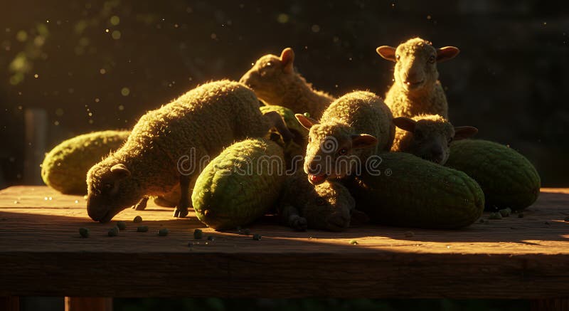 Sheep among Gourds on Wooden Table in Warm Light Stock Illustration ...