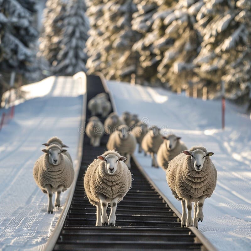 Sheep Gracefully Traverse a Ski Jumpers Path, Creating a Whimsical ...