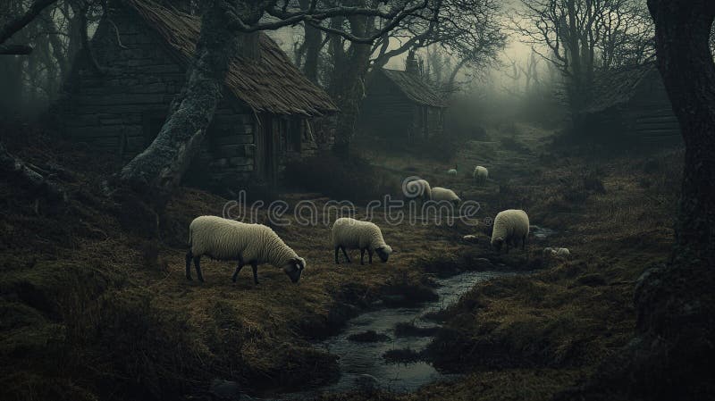 Sheep Graze Misty Forest Village Stream Stock Photo - Image of ...
